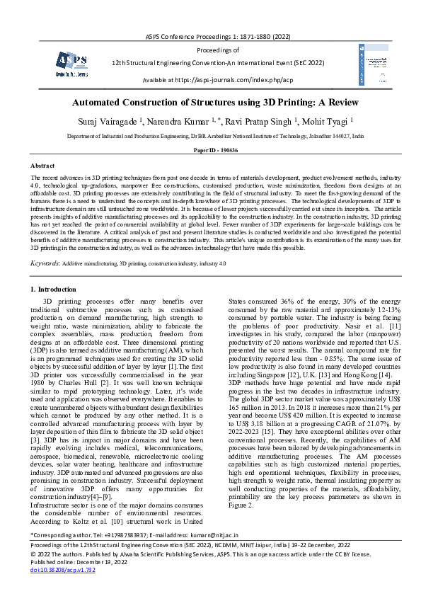 (PDF) Automated Construction of Structures using 3D Printing: A Review
