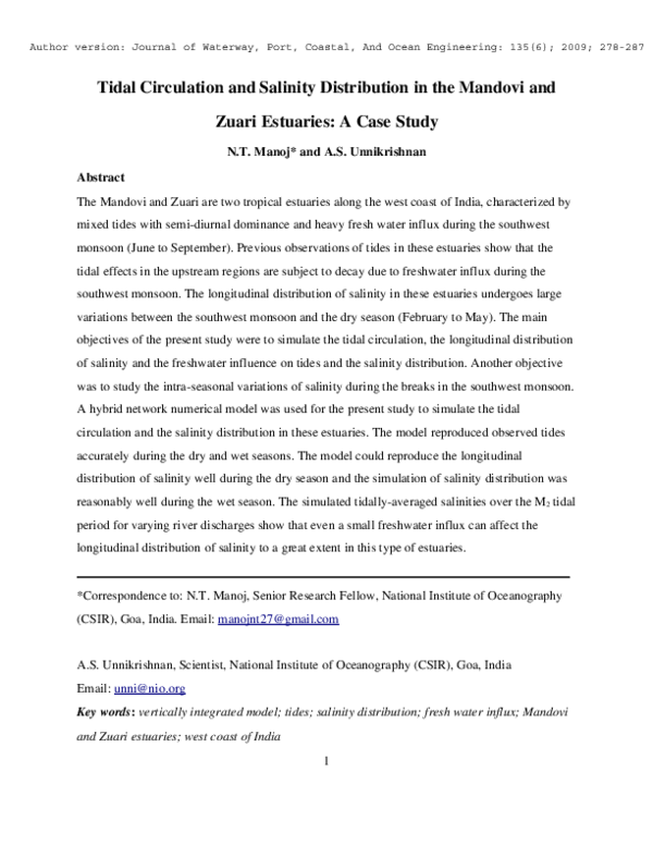 (PDF) Tidal Circulation and Salinity Distribution in the Mandovi and ...