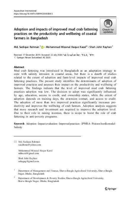 (PDF) Adoption and impacts of improved mud crab fattening practices on ...