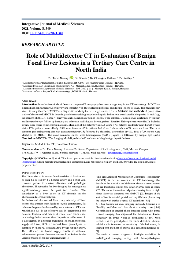 (PDF) Role Of Multidetector CT in Evaluation of Benign Focal Liver ...