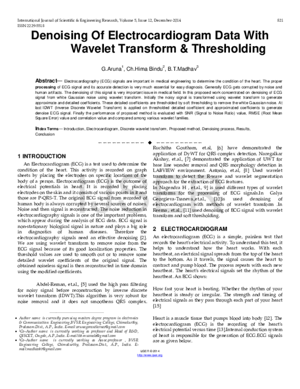 (PDF) Denoising Of Electrocardiogram Data With Wavelet Transform & Thresholding | BRAHMADESAM T ...