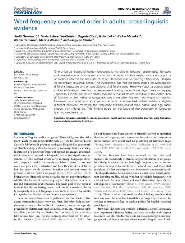 (PDF) Word frequency cues word order in adults: cross-linguistic evidence