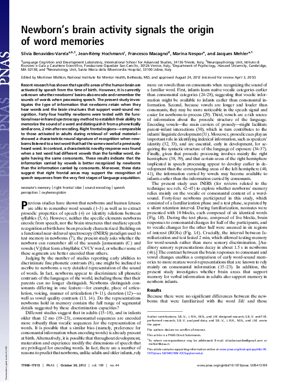 (PDF) Newborn’s brain activity signals the origin of word memories