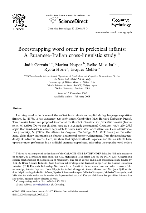 (PDF) Bootstrapping word order in prelexical infants: A Japanese–Italian cross-linguistic study