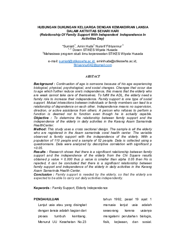 (PDF) Hubungan Dukungan Keluarga Dengan Kemandirian Lansia Dalam Aktivitas Sehari Hari