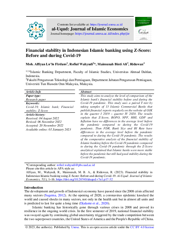 (PDF) Financial stability in Indonesian Islamic banking using Z-Score ...