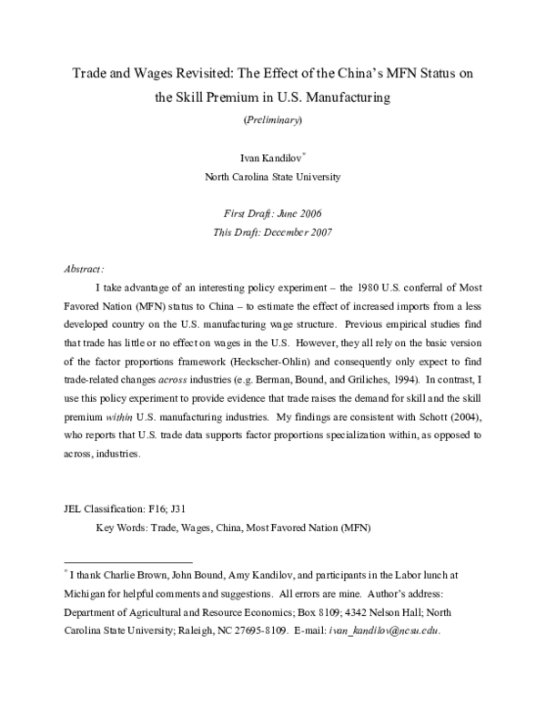 (PDF) Trade and Wages Revisited : The Effect of the China ’ s MFN ...
