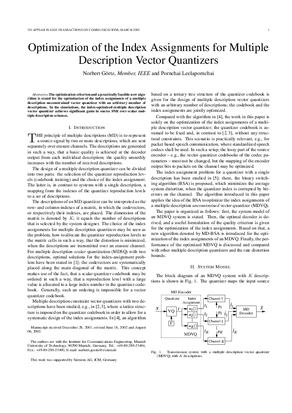 Pdf Optimization Of The Index Assignments For Multiple Description Vector Quantizers