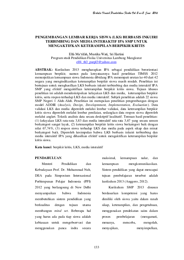 (PDF) Pengembangan Lembar Kerja Siswa (LKS) Berbasis Inkuiri Terbimbing dan Media Interaktif IPA ...