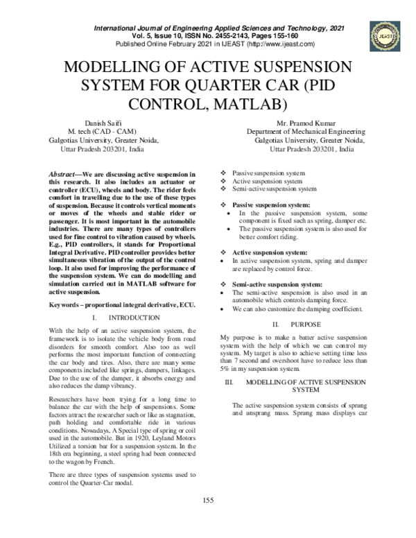 (PDF) Modelling of Active Suspension System for Quarter Car (Pid Control, Matlab)