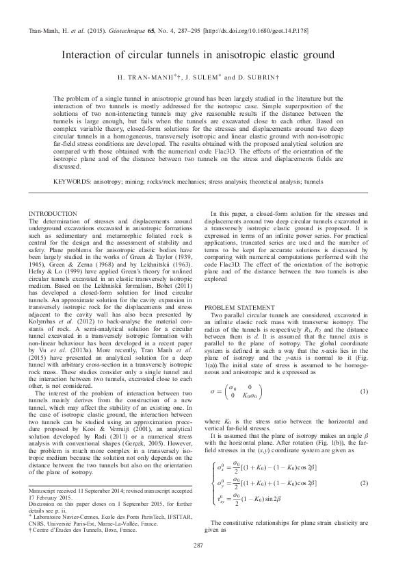 (PDF) Interaction of circular tunnels in anisotropic elastic ground