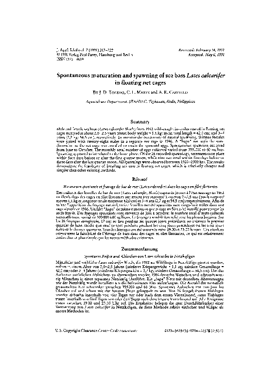 (PDF) Spontaneous maturation and spawning of sea bass Lates calcarifer ...
