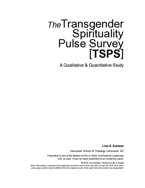 (PDF) The Transgender Spirituality Pulse Survey [ TSPS ] A Qualitative ...