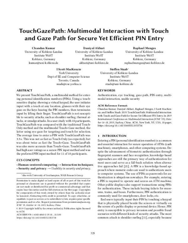 Pdf Touchgazepath Secure And Efficient Pin Entry