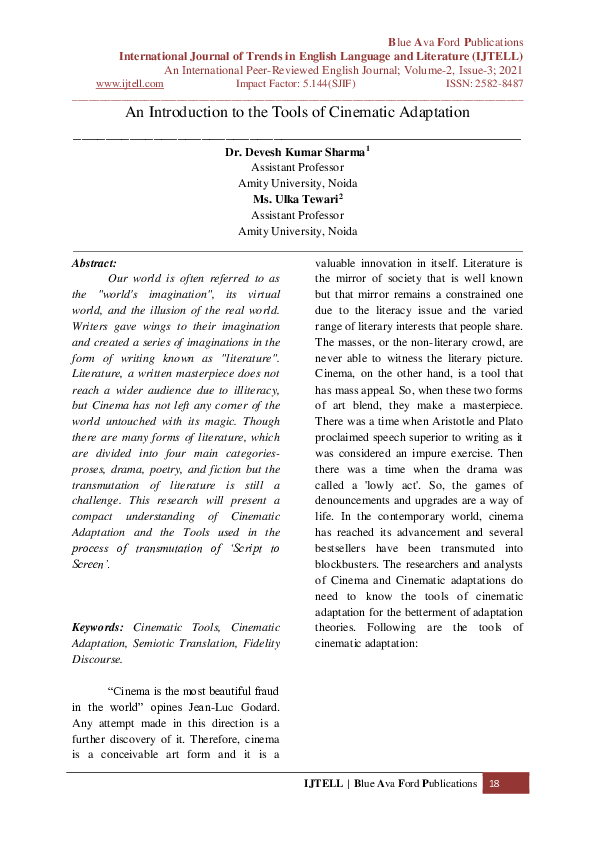 (PDF) An Introduction to the Tools of Cinematic Adaptation