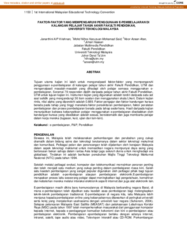 (PDF) Faktor-Faktor Yang Mempengaruhi Penggunaan E-Pembelajaran Di Kalangan Pelajar Tahun Akhir ...