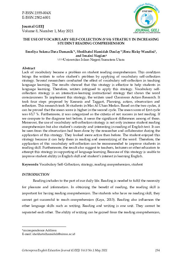 (PDF) The Use of Vocabulary Self-Collection (VSS) Strategy in ...