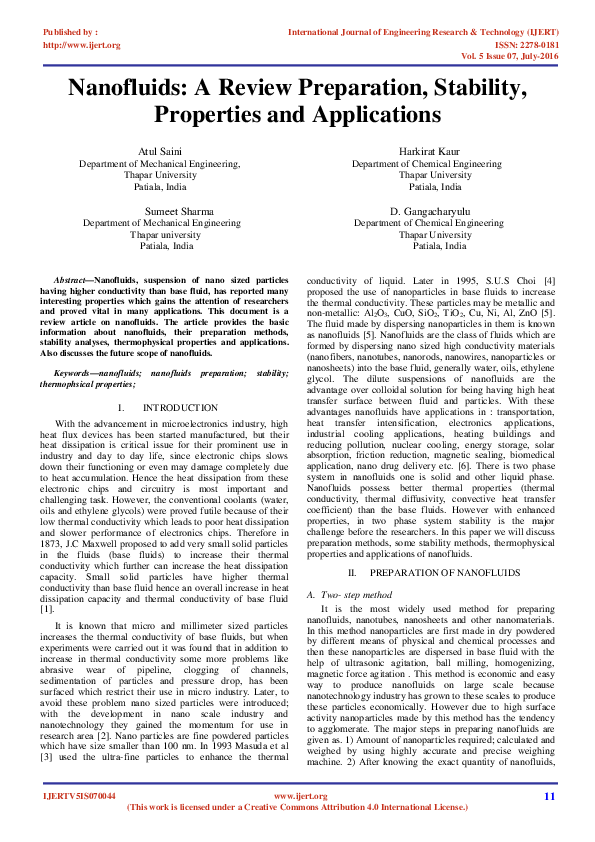 (PDF) Nanofluids: A Review Preparation, Stability, Properties and ...