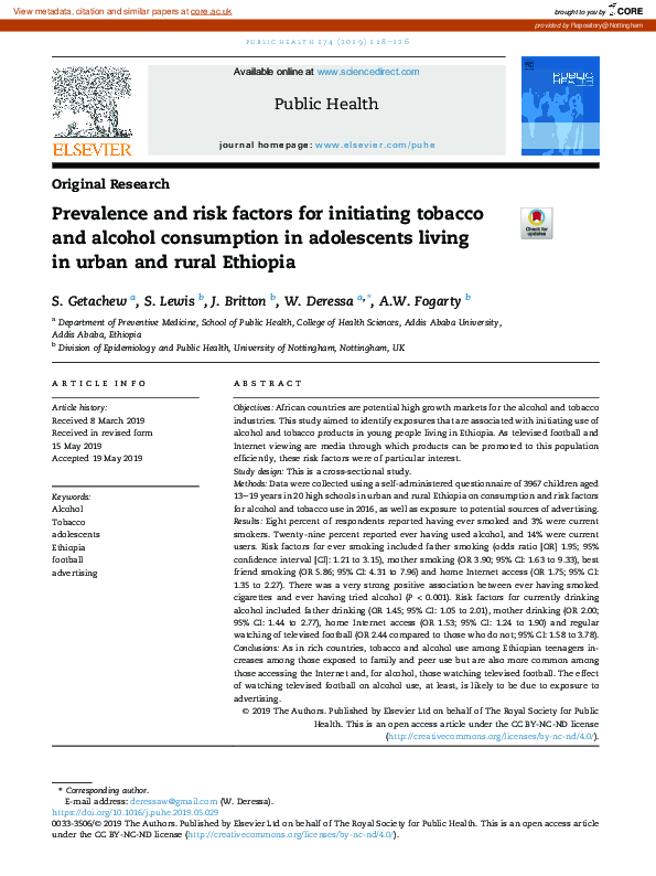 (PDF) Prevalence and risk factors for initiating tobacco and alcohol consumption in adolescents ...