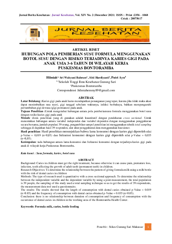 (PDF) Hubungan Pola Pemberian Susu Formula Menggunakan Botol Susu ...
