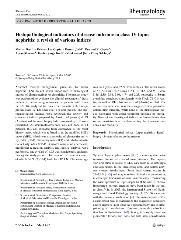 (PDF) Histopathological indicators of disease outcome in class IV lupus ...