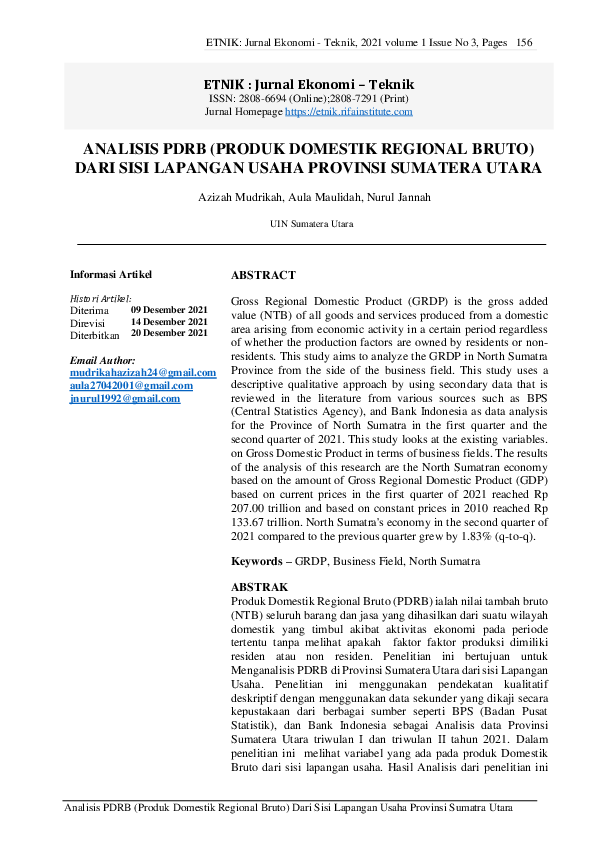 (PDF) Analisis PDRB (Produk Domestik Regional Bruto) Dari Sisi Lapangan Usaha Provinsi Sumatra ...
