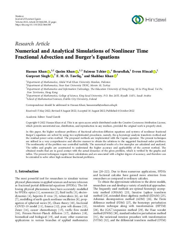 (PDF) Numerical and Analytical Simulations of Nonlinear Time Fractional Advection and Burger’s ...
