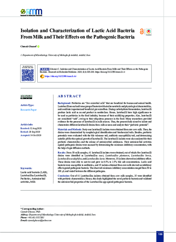 (PDF) Isolation and Characterization of Lactic Acid Bacteria From Milk ...
