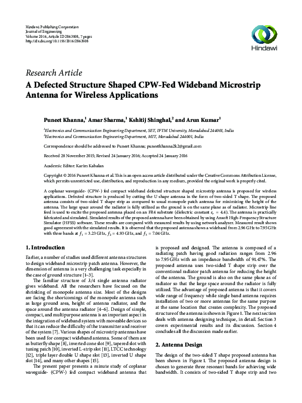 Pdf A Defected Structure Shaped Cpw Fed Wideband Microstrip Antenna For Wireless Applications