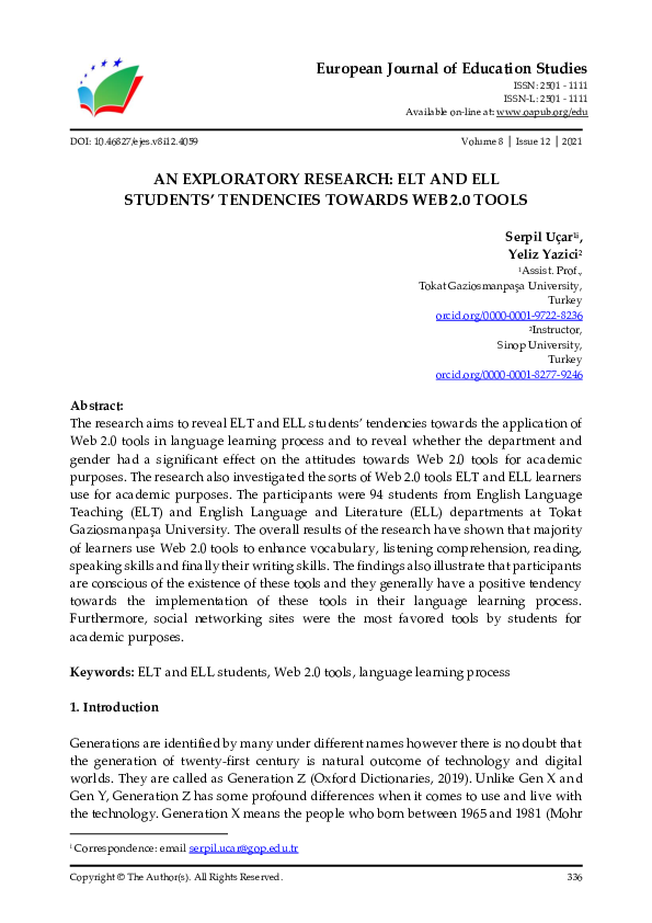 (PDF) An Exploratory Research: Elt and Ell Students’ Tendencies Towards ...