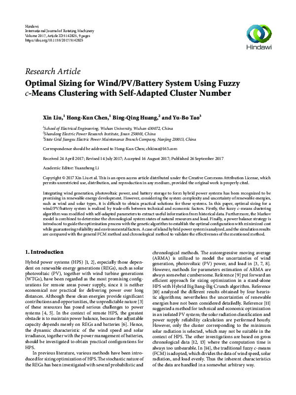 (PDF) Optimal Sizing for Wind/PV/Battery System Using Fuzzy c-Means Clustering with Self-Adapted ...