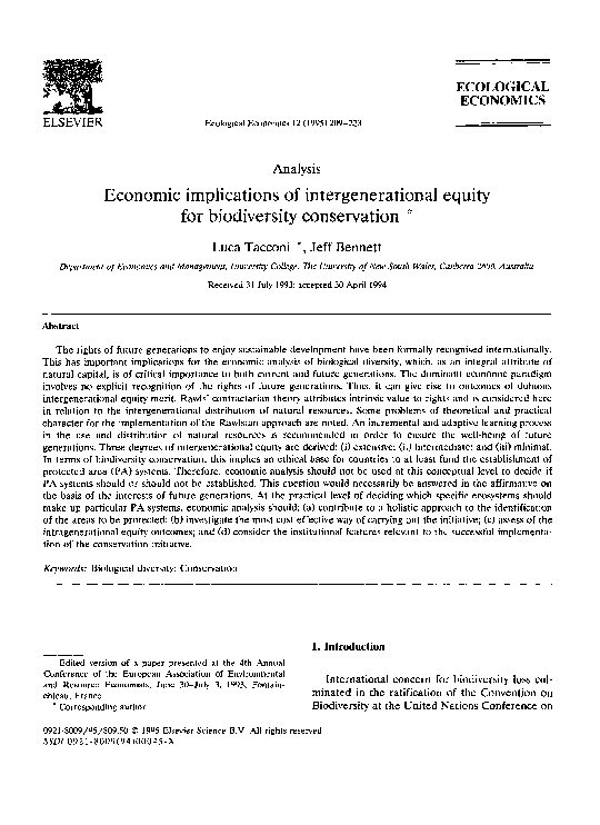 (PDF) Economic implications of intergenerational equity for biodiversity conservation