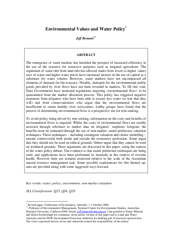 (PDF) Environmental Values and Water Policy
