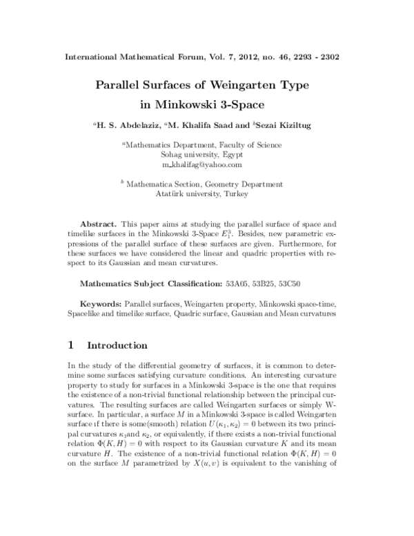 (PDF) Parallel Surfaces of Weingarten Type in Minkowski 3-Space