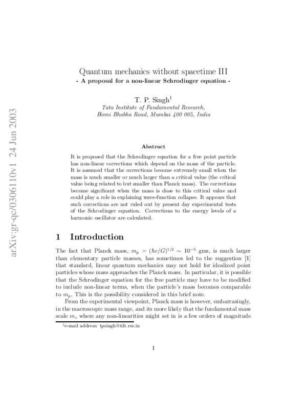 (PDF) Quantum mechanics without spacetime III: a proposal for a non-linear Schrodinger equation