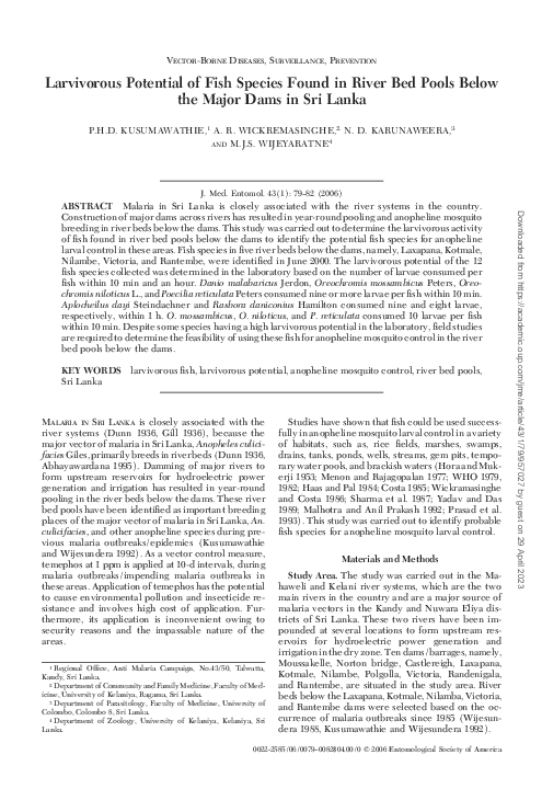 (PDF) Larvivorous Potential of Fish Species Found in River Bed Pools ...