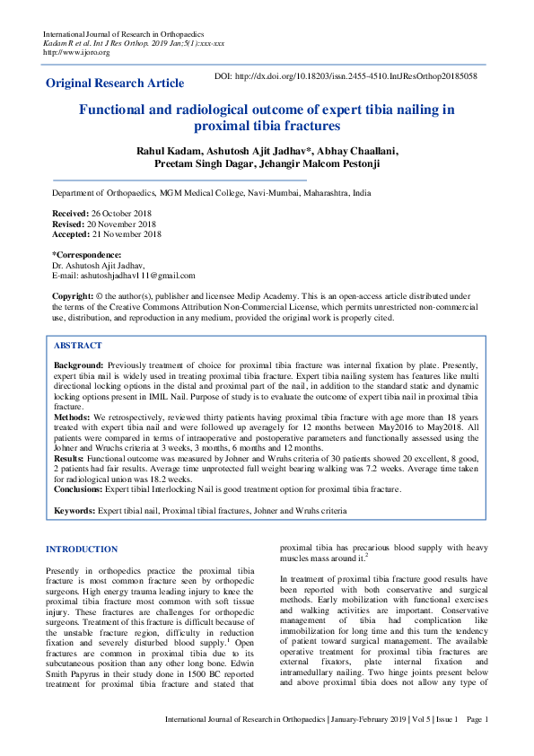 Pdf Functional And Radiological Outcome Of Expert Tibia Nailing In