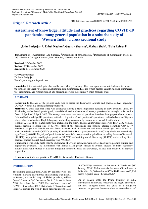 (PDF) Assessment of knowledge, attitude and practices regarding COVID-19 pandemic among general ...