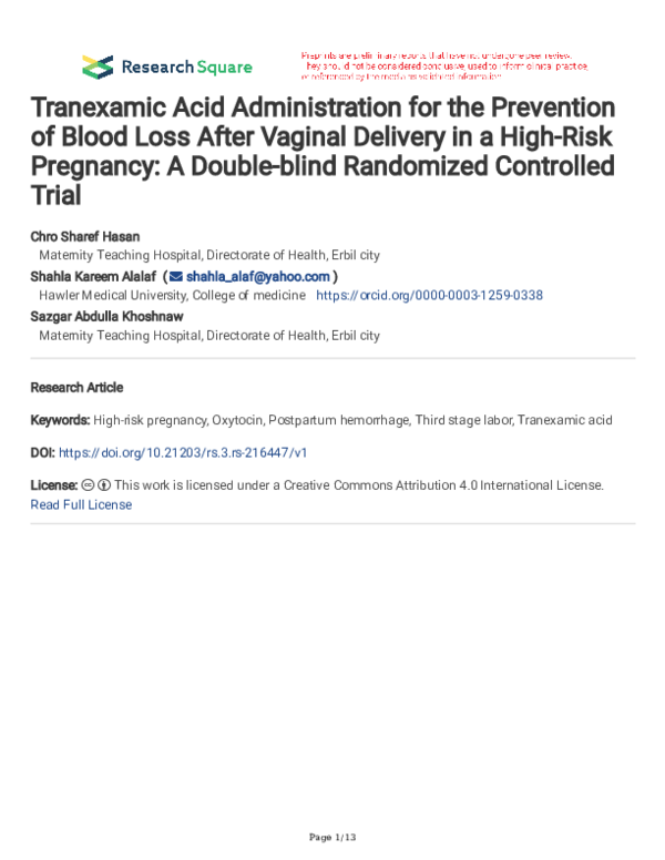 (PDF) Tranexamic Acid Administration for the Prevention of Blood Loss ...