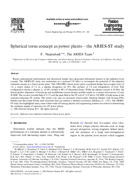 (PDF) Spherical torus concept as power plants—the ARIES-ST study | Hesham Khater - Academia.edu