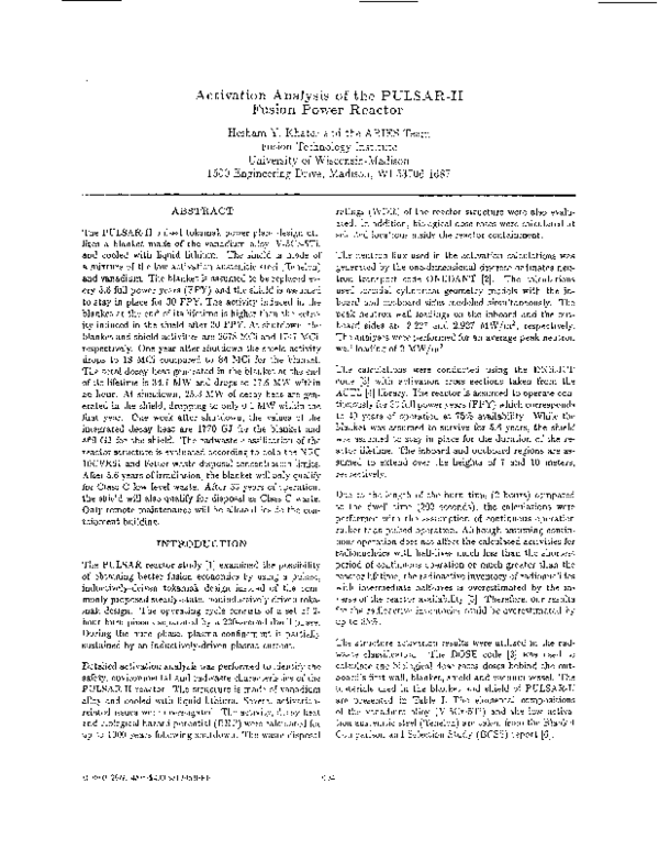 (PDF) Activation analysis of the PULSAR-II fusion power reactor