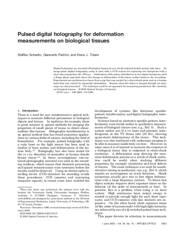 (PDF) Pulsed digital holography for deformation measurements on biological tissues