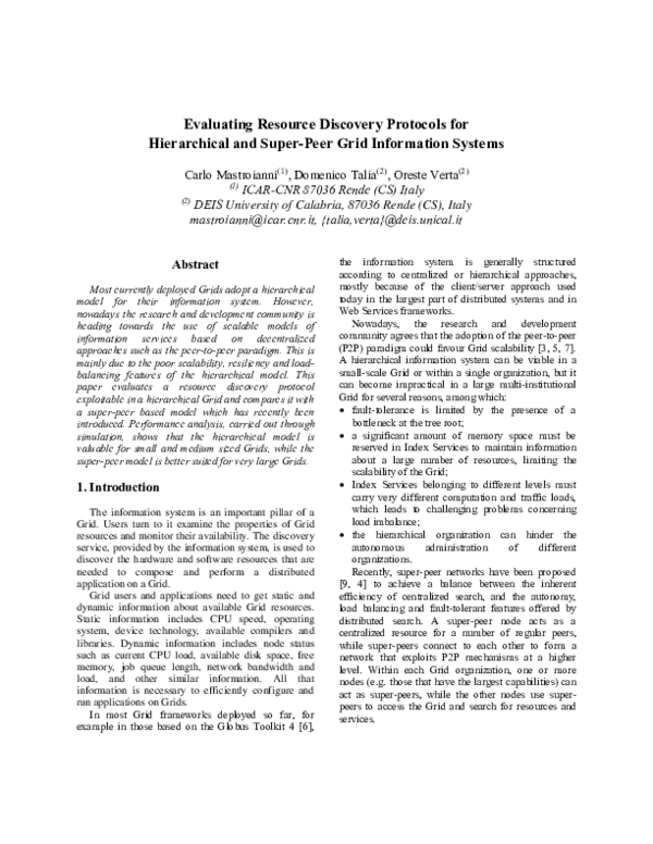 (PDF) Evaluating Resource Discovery Protocols for Hierarchical and Super-Peer Grid Information ...