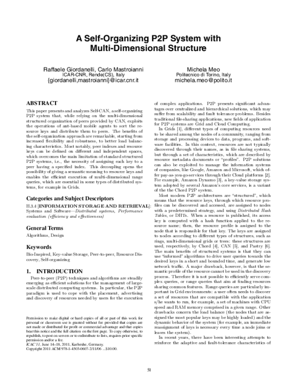 (PDF) A self-organizing P2P system with multi-dimensional structure