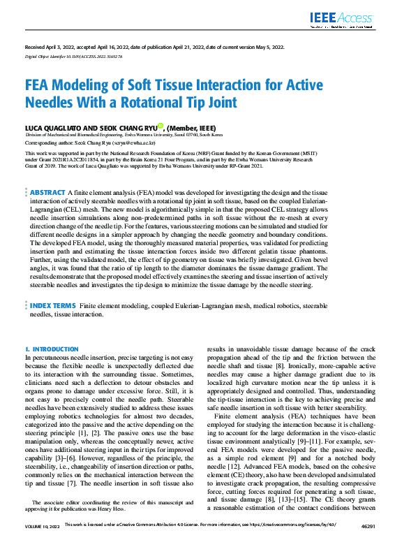 (PDF) FEA Modeling of Soft Tissue Interaction for Active Needles With a Rotational Tip Joint