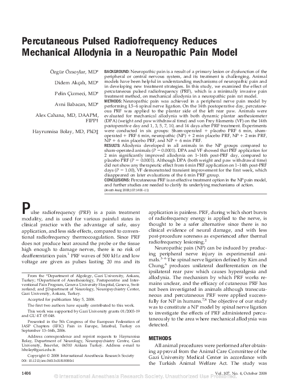 (PDF) Percutaneous Pulsed Radiofrequency Reduces Mechanical Allodynia in a Neuropathic Pain Model