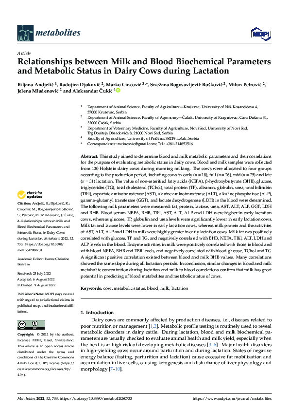 (PDF) Relationships between Milk and Blood Biochemical Parameters and Metabolic Status in Dairy ...