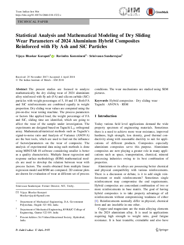 (PDF) Statistical Analysis and Mathematical Modeling of Dry Sliding Wear Parameters of 2024 ...