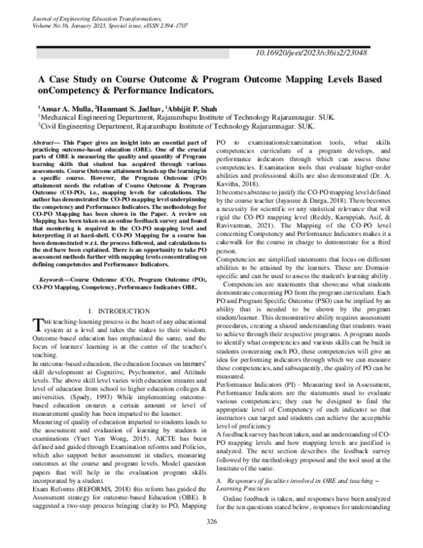 (PDF) A Case Study on Course Outcome & Program Outcome Mapping Levels Based on Competency ...