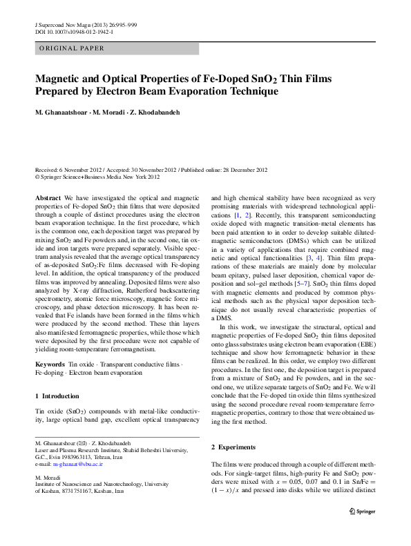 (PDF) Magnetic and Optical Properties of Fe-Doped SnO2 Thin Films Prepared by Electron Beam ...